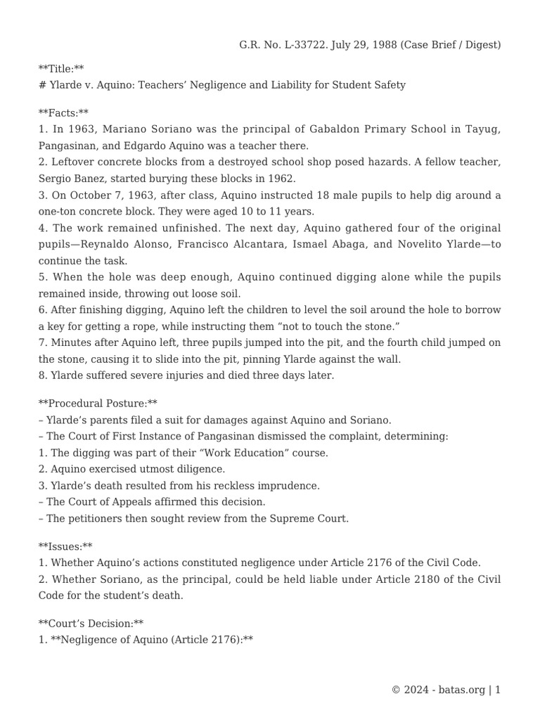 Frederico Ylarde, et al. v. Edgardo Aquino | PDF | Negligence | Legal ...