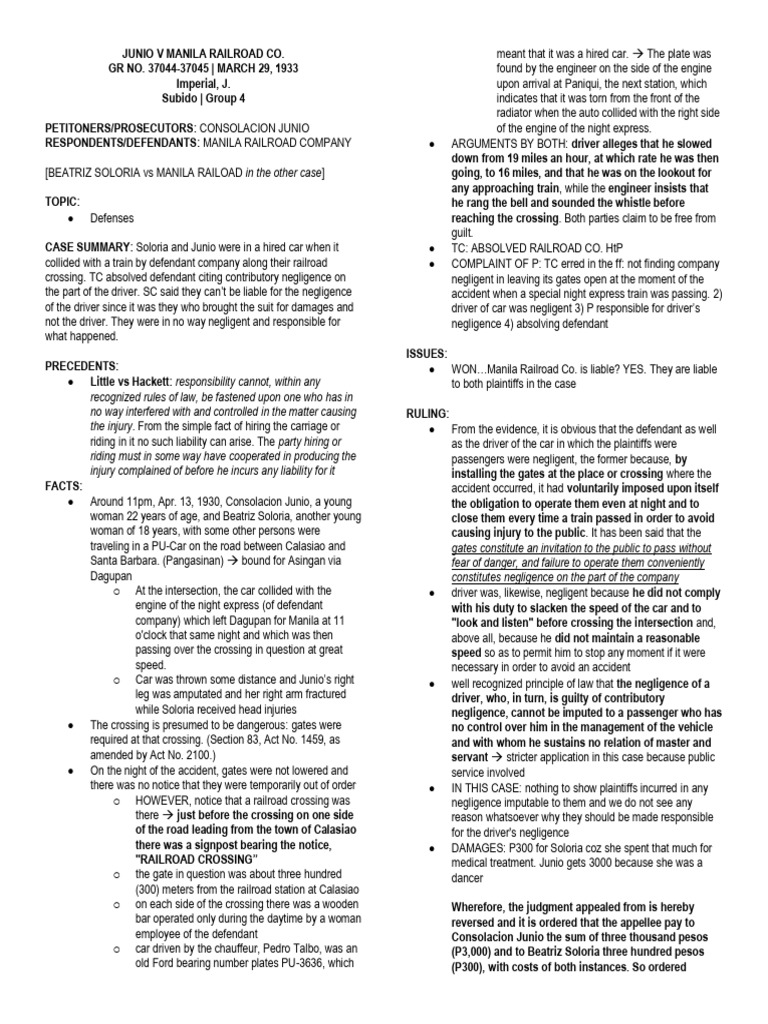 Junio v. Manila Railroad Liability Case | PDF | Negligence | Legal ...