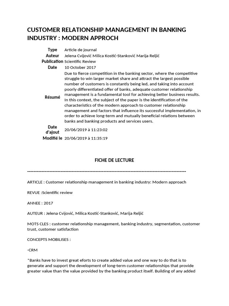 FICHE DE LECTURE CUSTOMER RELATIONSHIP MANAGEMENT IN BANKING INDUSTRY ...