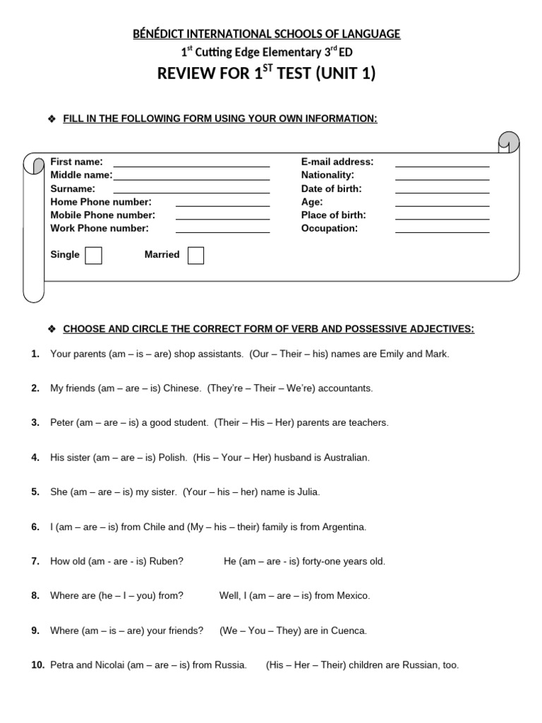 Review For 1st Test Unit 1 | PDF | Syntax | Grammar