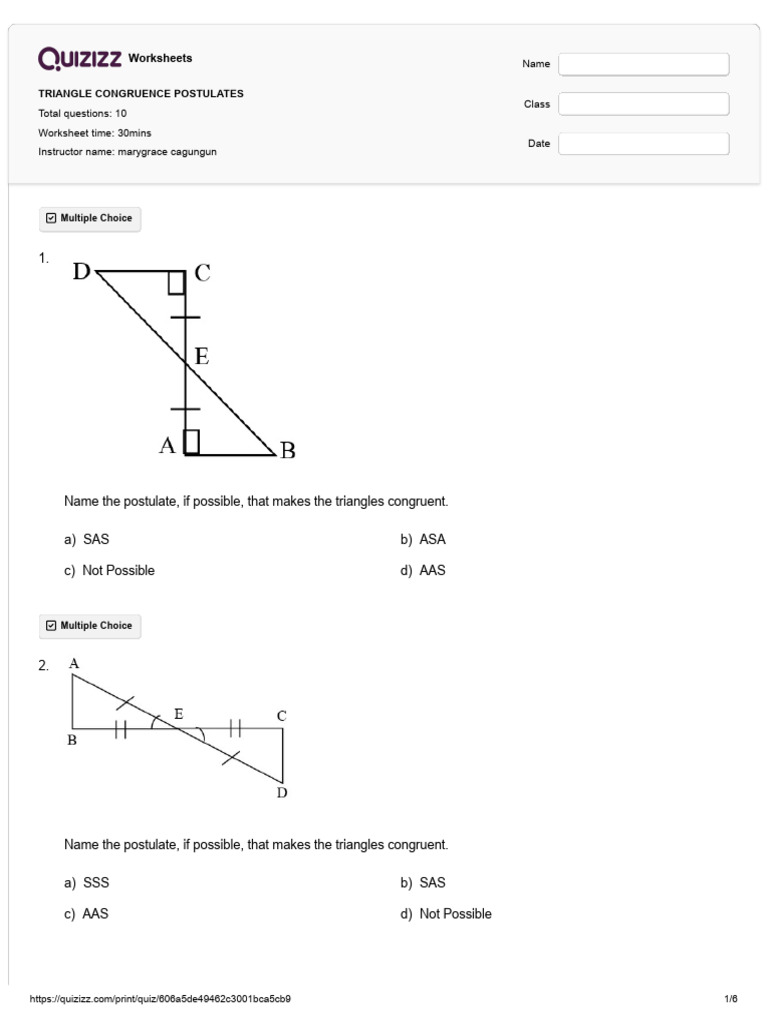 Triangle Congruence Quiz | PDF | Euclid | Elementary Geometry