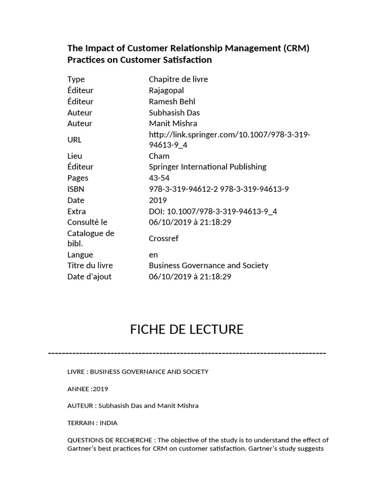 FICHE DE LECTURE The Impact of Customer Relationship Management (CRM) Practices on Customer ...