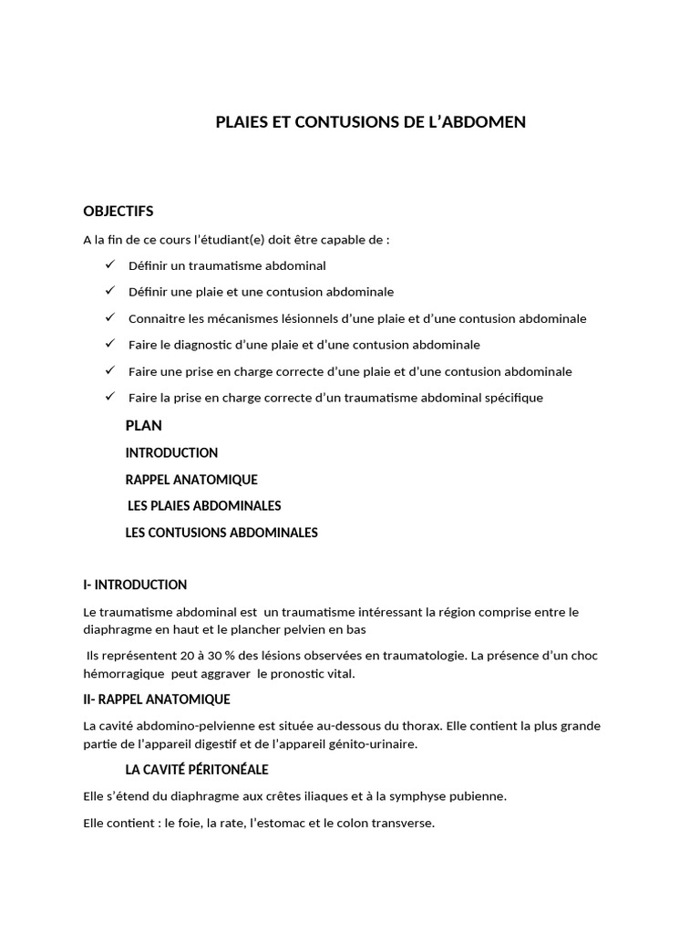 Plaies et Contusions Abdominales | PDF | Abdomen | Péritoine