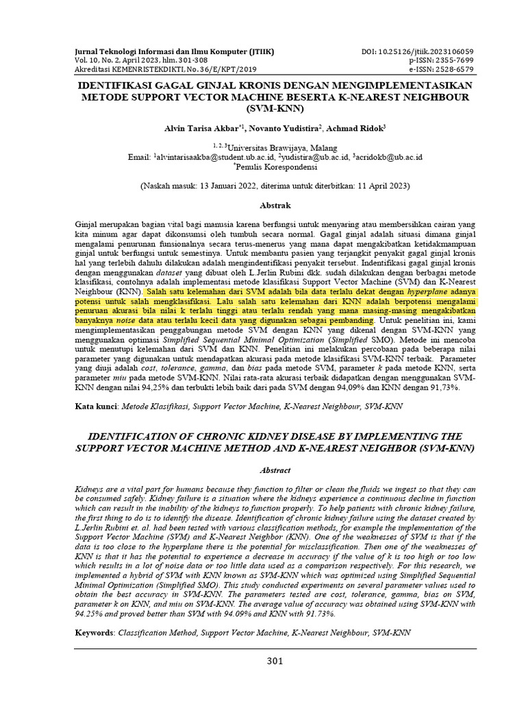 [S2 JTIIK 2023 Alvin Tarisa Akbar] Identifikasi gagal ginjal SVM-KNN | PDF