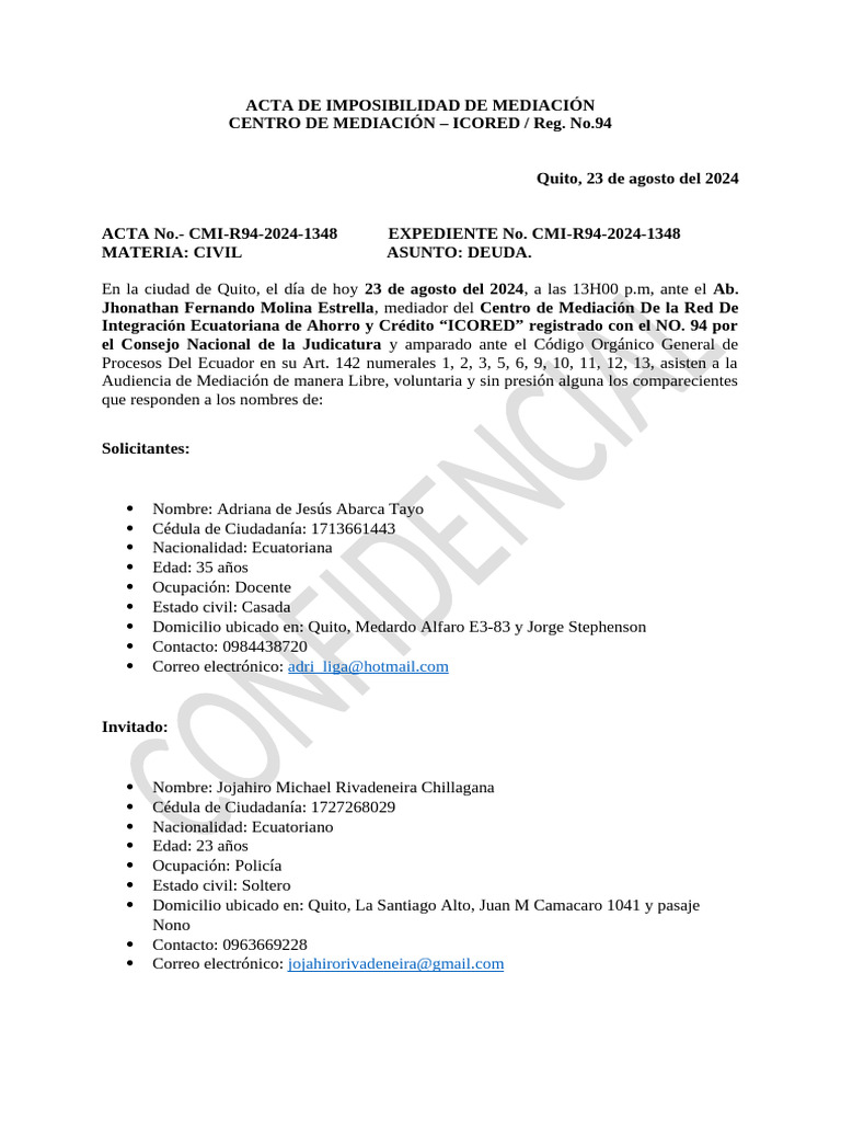 Borrador Acta de Mediacion Por Confirmar | PDF | Mediación | Arbitraje