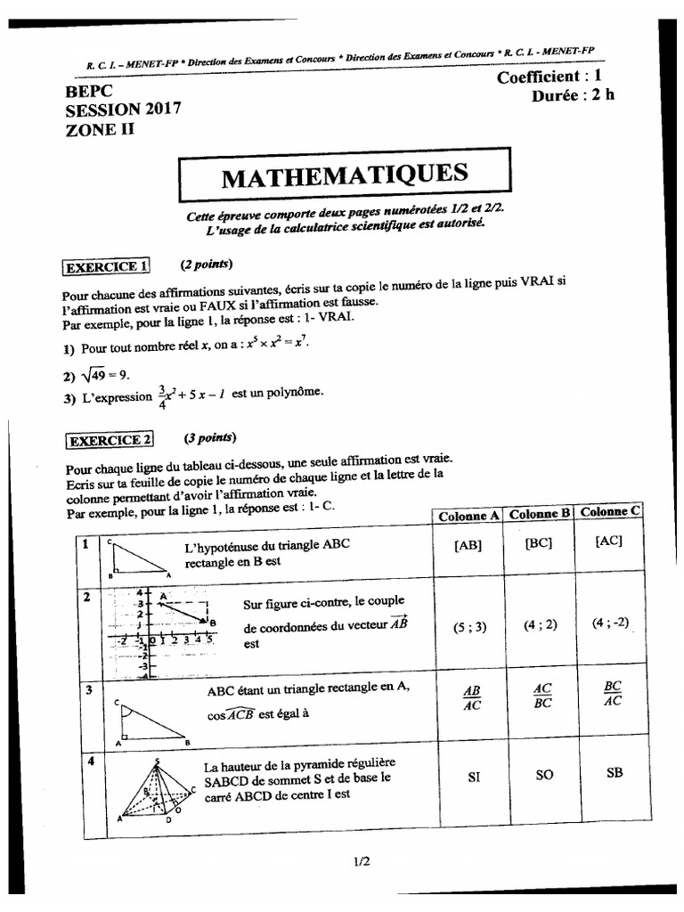 Bepc Z2 Math 2017 | PDF