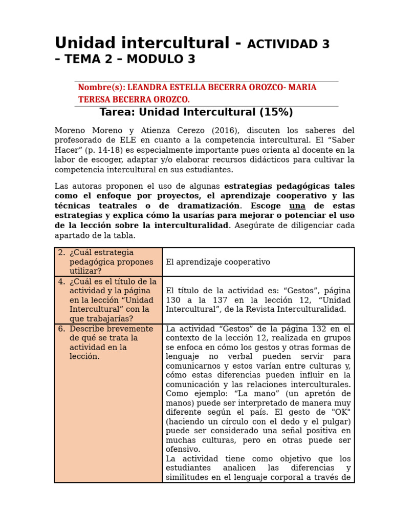 Unidad Intercultural - ACTIVIDAD 3 - TEMA 2 - MODULO 3 | PDF ...