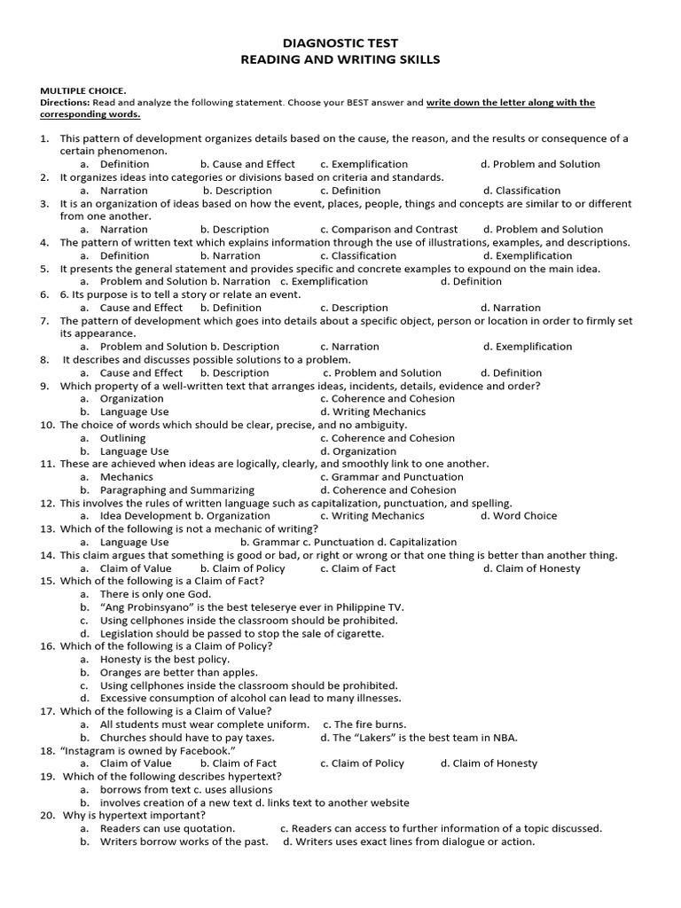 Diagnostic Test: Reading & Writing Skills | PDF | Definition ...