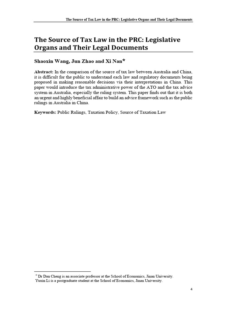 "The Source of Tax Law in the PRC: Legislative Organs and Their Legal ...