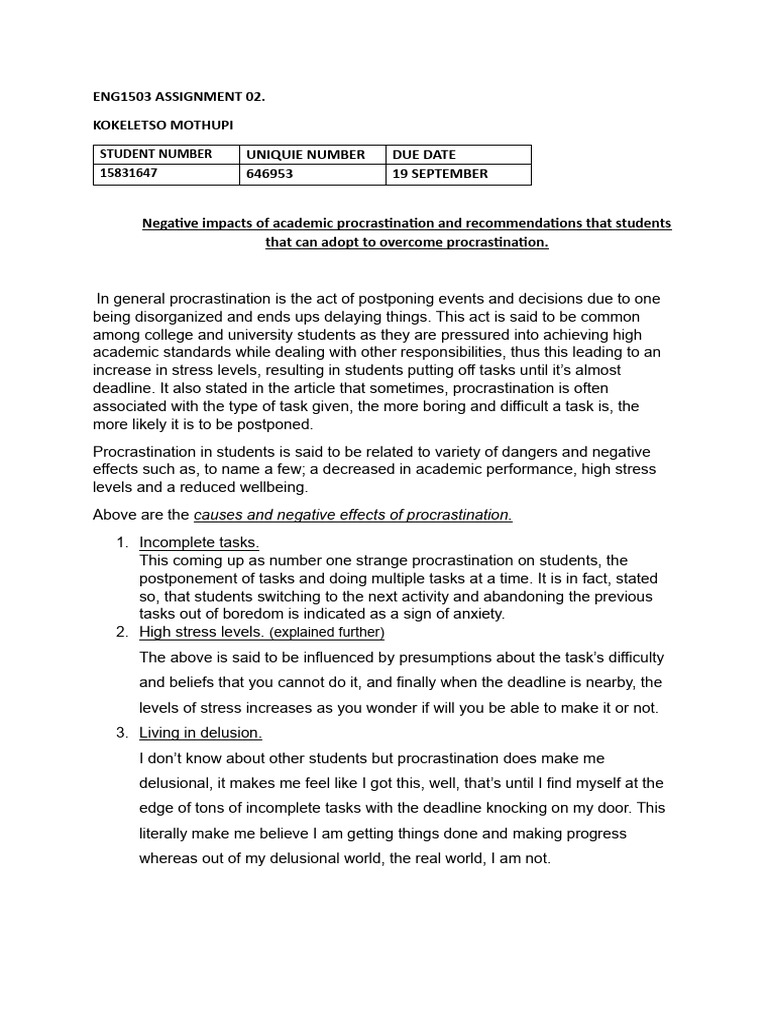 15831647 ENG1503, ASSIGNEMNT 02 | PDF | Professional Skills | Procrastination