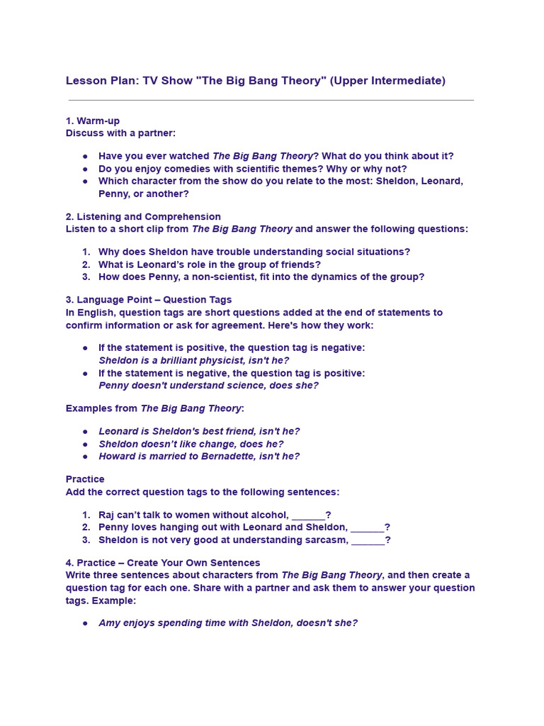 Big Bang Theory Lesson Plan: Question Tags | PDF