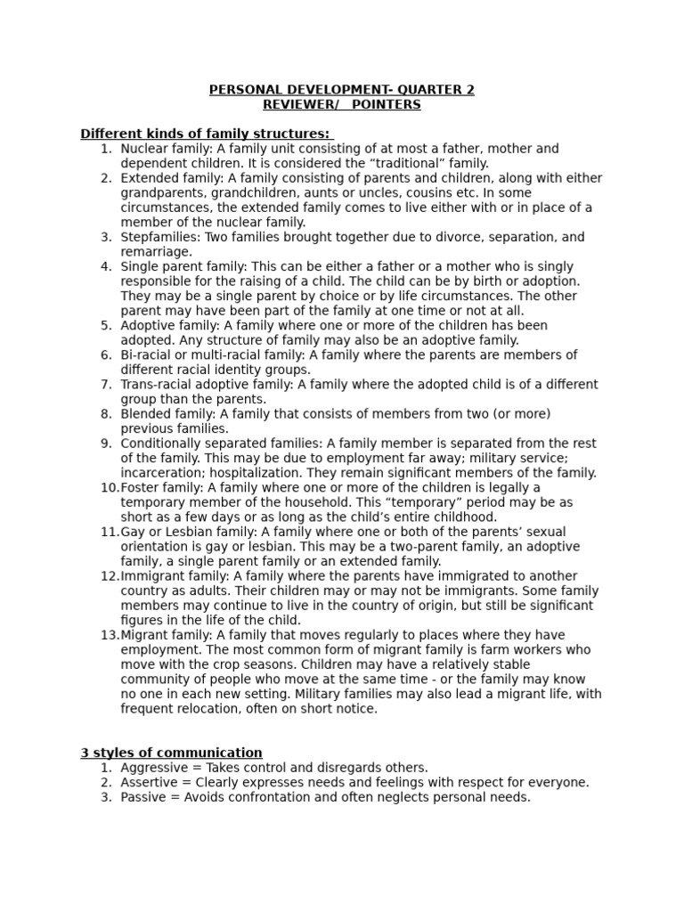 PER-DEV Q2 PT Pointers-For-Review | PDF | Family | Parenting