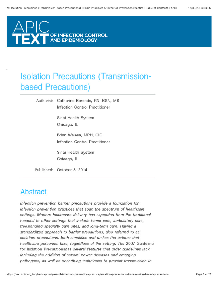 Isolation Precautions (Transmission-Based Precautions) Basic Principles ...