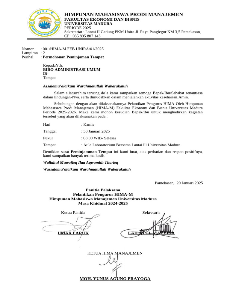 Surat Peminjaman Tempat Pelantikan Hima | PDF
