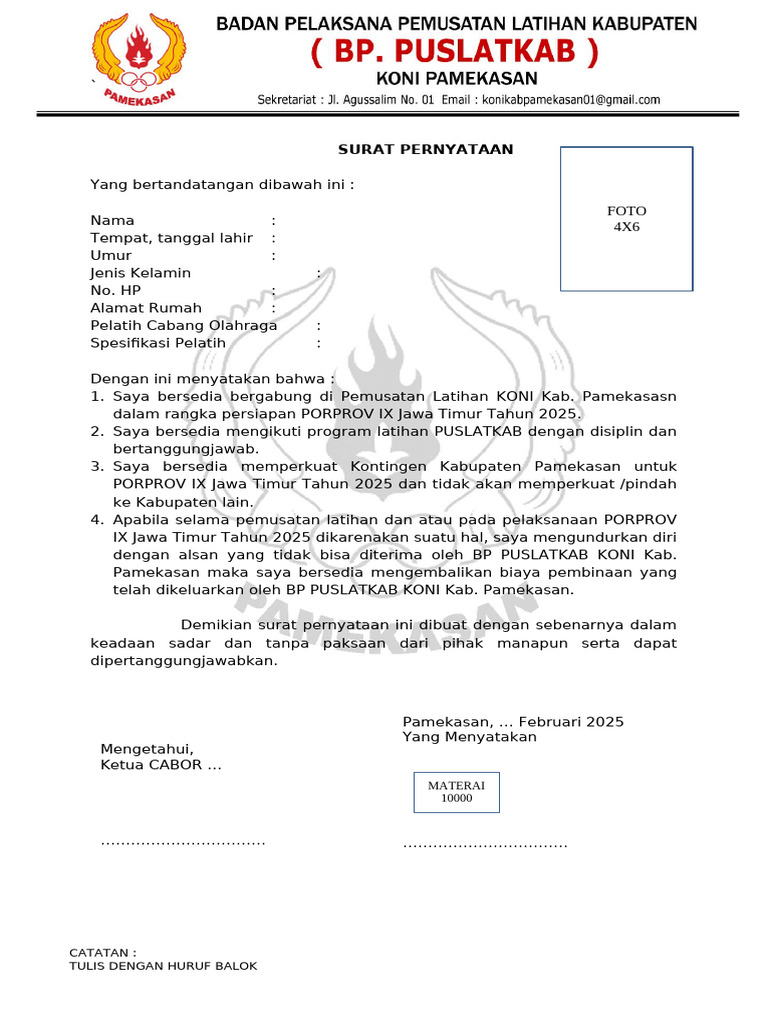 SURAT PERNYATAAN ATLET Dan PELATIH | PDF