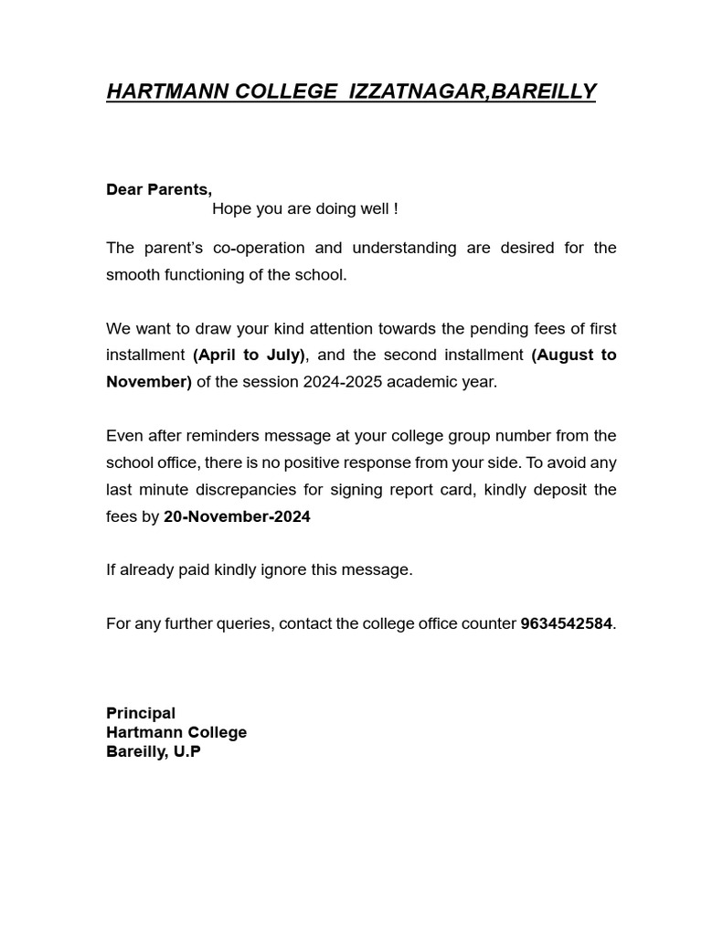 Fee Reminder For Signing Report Card | PDF