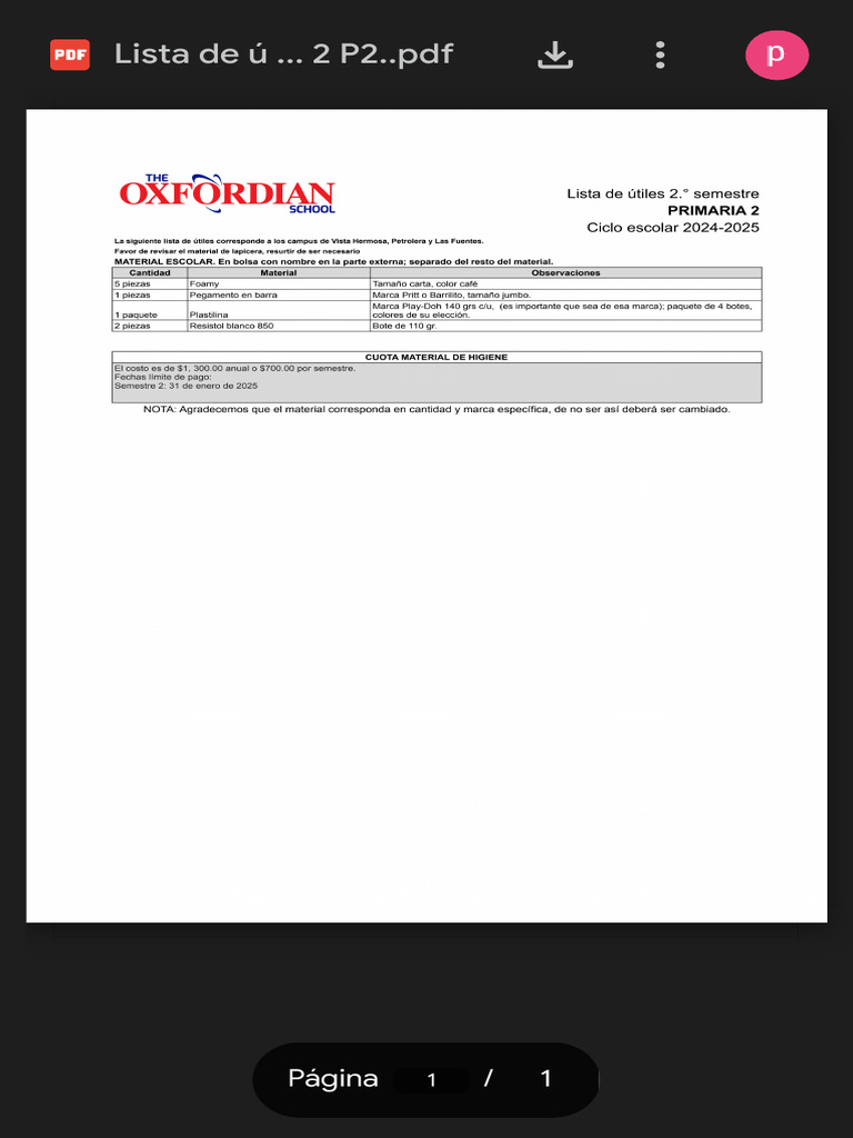 Lista de útiles 24-25 - Semestre 2 P2..pdf - Google Drive | PDF