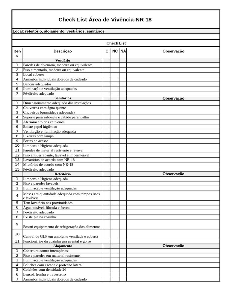 Modelo Check List - Area de Vivencia | PDF