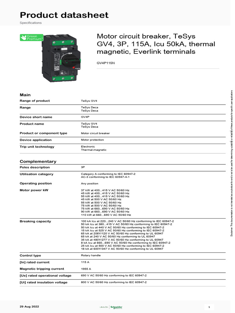 TeSys GV4 Motor Circuit Breaker 115A | PDF | Alternating Current ...