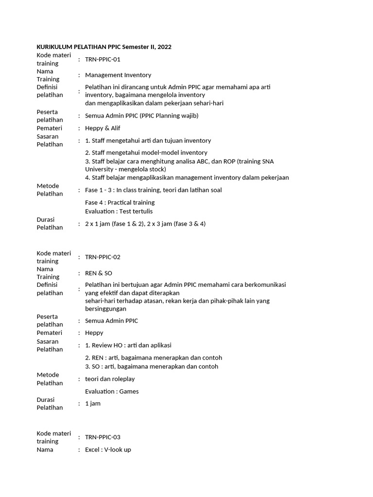 KURIKULUM PELATIHAN PPIC - SMT 2 - 22 | PDF
