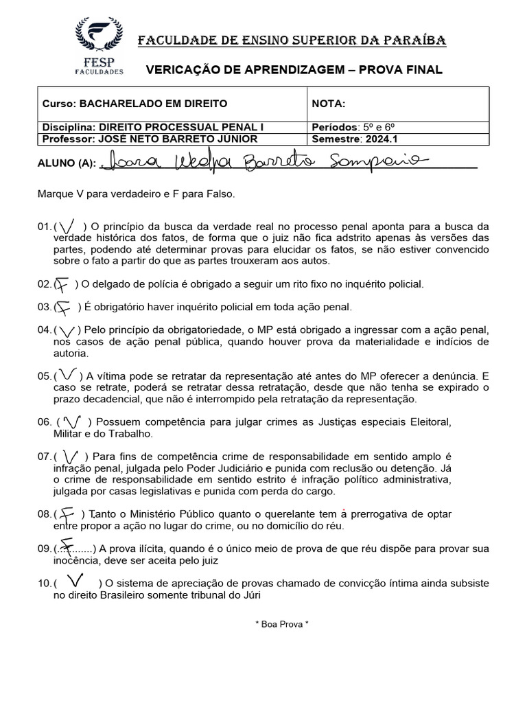 Prova Final. P5 e P6 Fesp | PDF