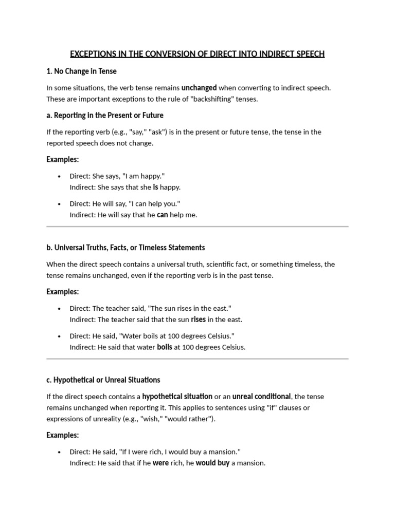 Exceptions in Direct to Indirect Speech | PDF | Verb | Subject (Grammar)