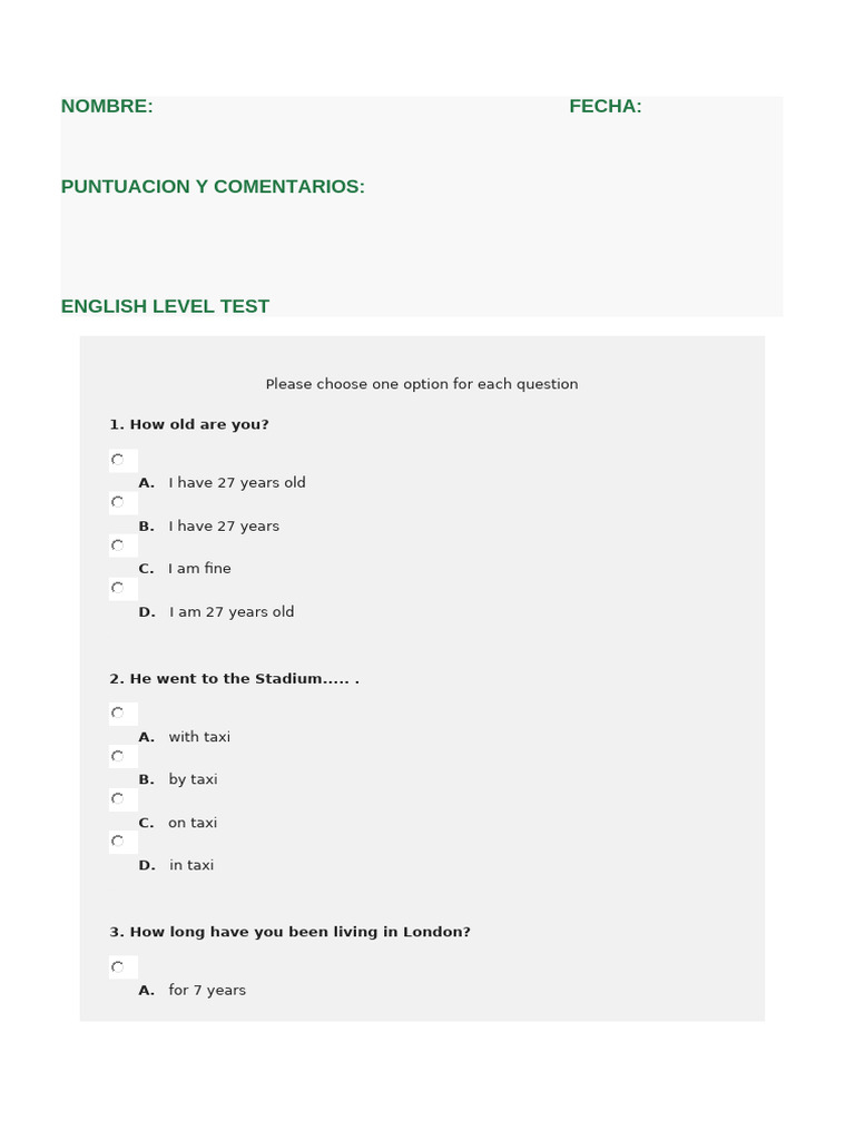 English Level Test Questions | PDF