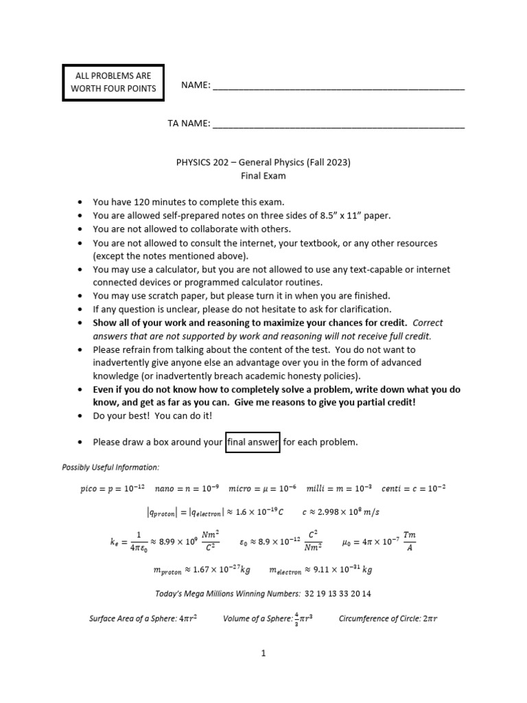 Final Exam - PHY 202 - Fall 2023 | PDF | Force | Inductor