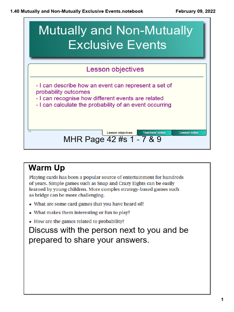 1.40 Mutually and Non-Mutually Exclusive Events - Notes | PDF