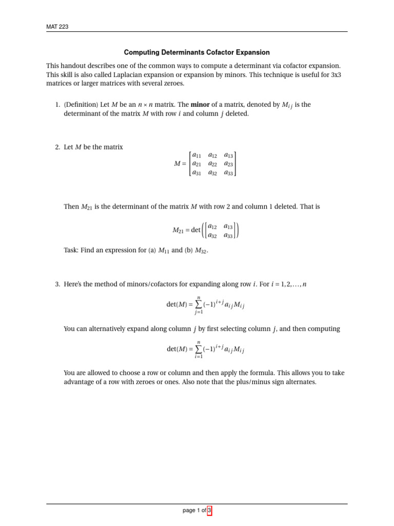 Cofactor Expansion for 3x3 Determinants | PDF | Algebra | Mathematical ...
