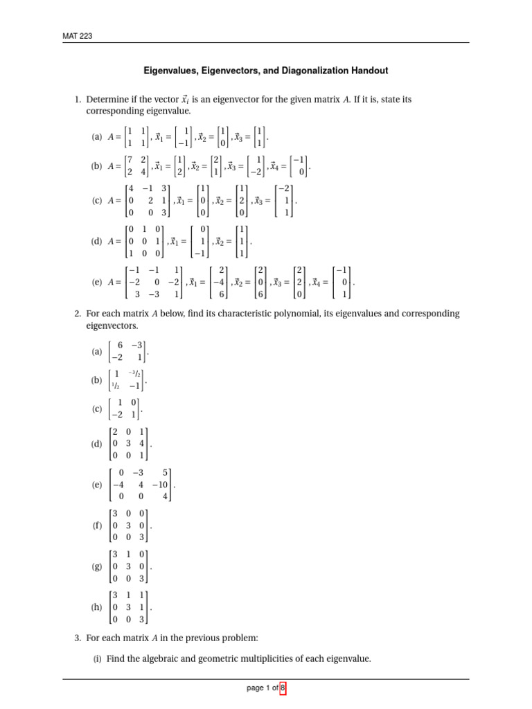 16 Mat223 - Eigenvalues - Eigenvectors - Diagonalization | PDF ...
