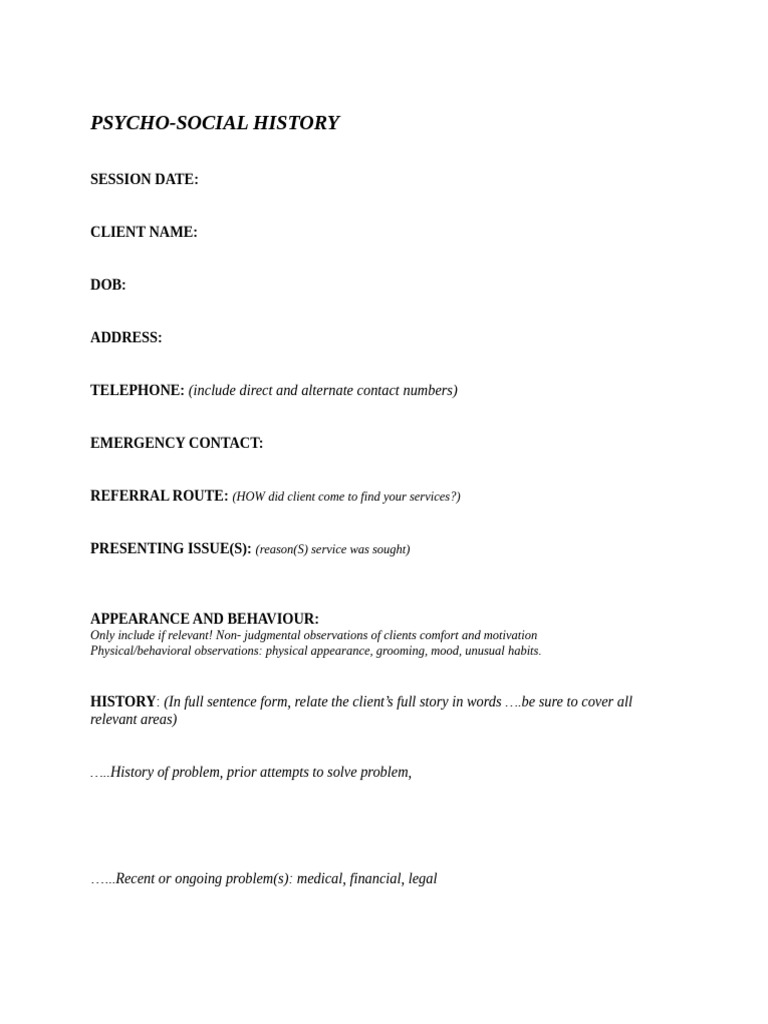 CMH 306 Psycho-Social History Template | PDF | Substance Abuse | Self Harm