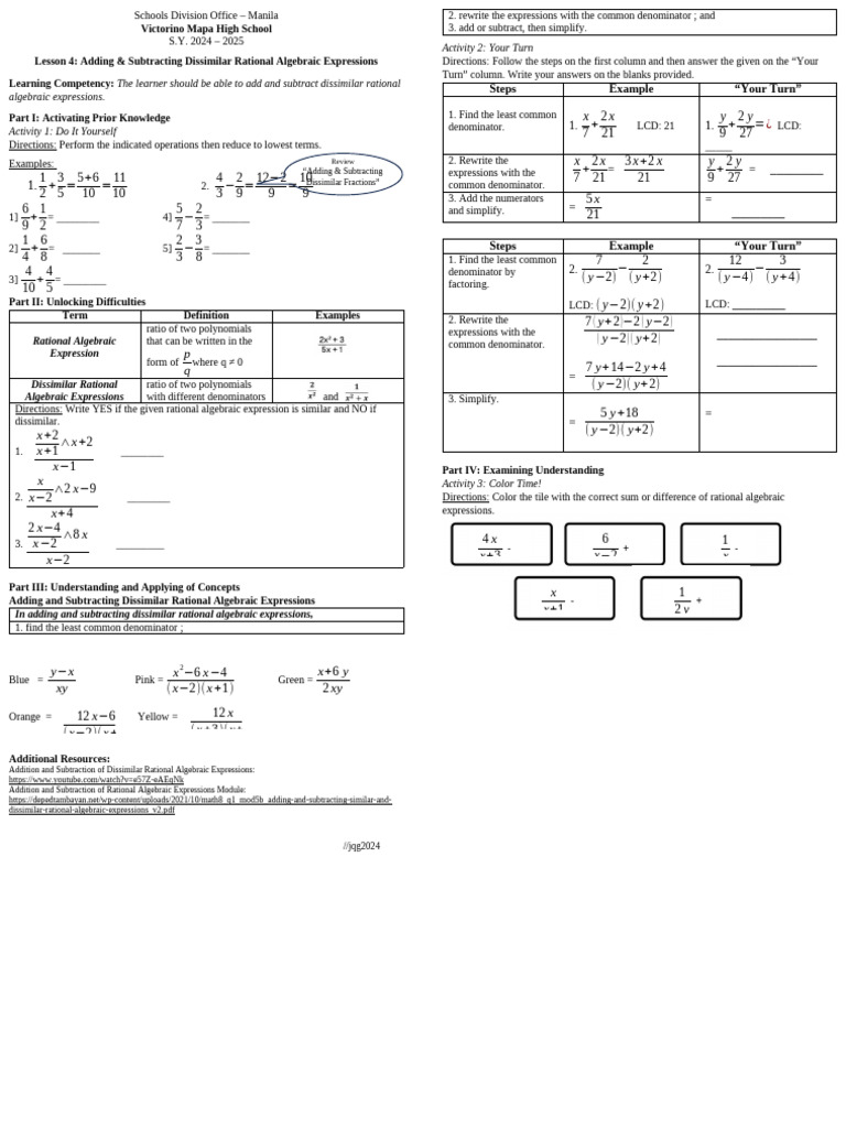 Adding Subtracting Dissimilar Rational Algebraic Expressions 2ND QTR ...
