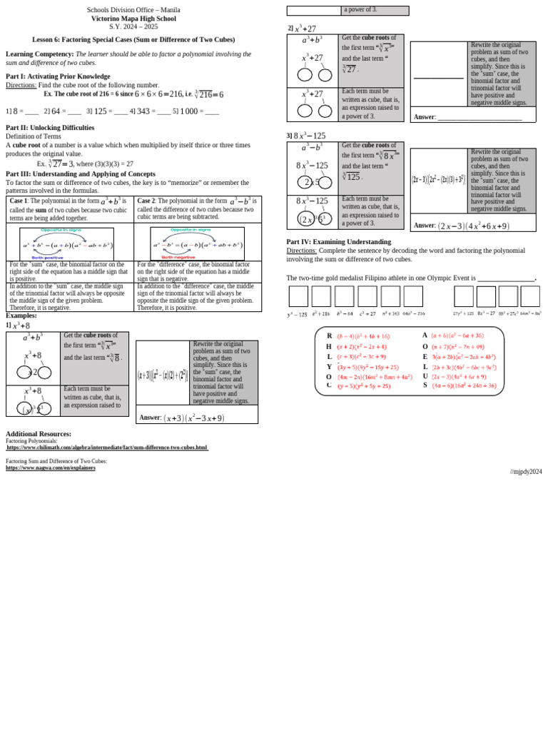 Factoring Special Cases (Sum or Difference of Two Cubes) Handout | PDF ...