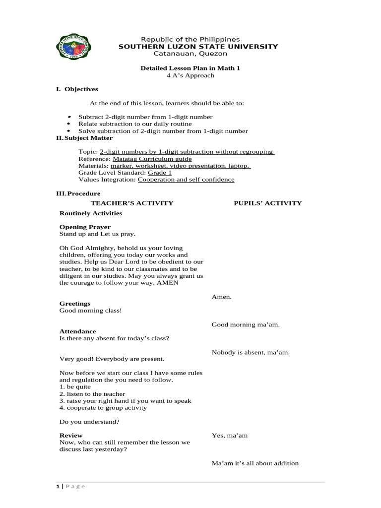 Grade 1 Math Lesson Plan: Subtraction | PDF | Teachers | Behavior Modification