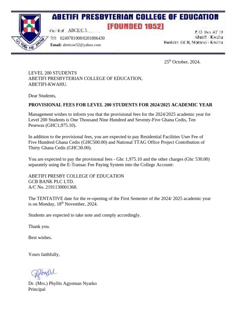 Level 200 Fees for 2024/2025 Academic Year | PDF