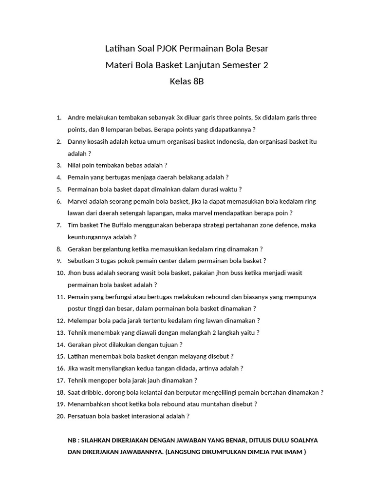 Latihan Soal PJOK Permainan Bola Besar 8B | PDF