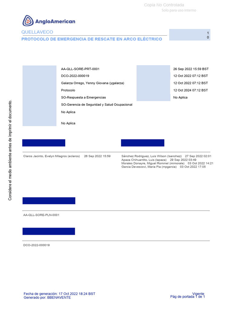 Aa-Qll-Sore-Prt-0001 Protocolo de Emergencia de Rescate en Arco Eléctrico | PDF | Lugar de ...