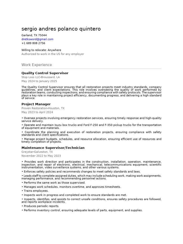 Sergio Andres Polanco Quintero | PDF | Supervisor | Safety