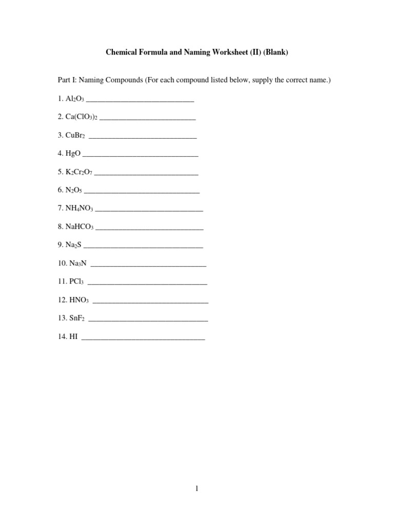 Chemical Formula and Naming Worksheet (II)(Mixed)(Blank) | PDF