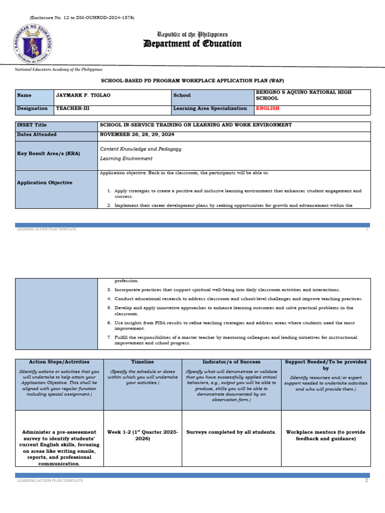 Workplace Application Plan (Jaymark P. Tiglao) | PDF | Learning | Mentorship