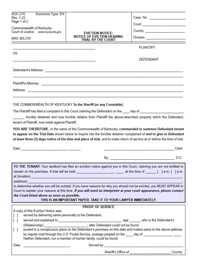 Eviction Notice - Notice of Eviction Hearing Trial by The Court - 1 ...