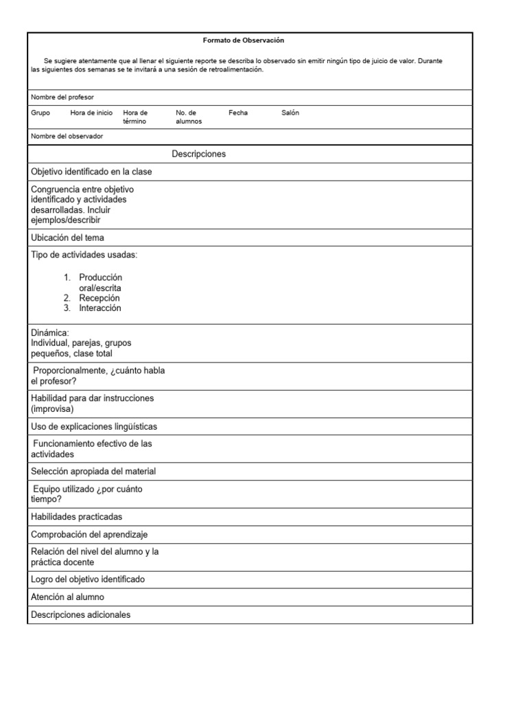 Formato de Observaciones para Clase | PDF