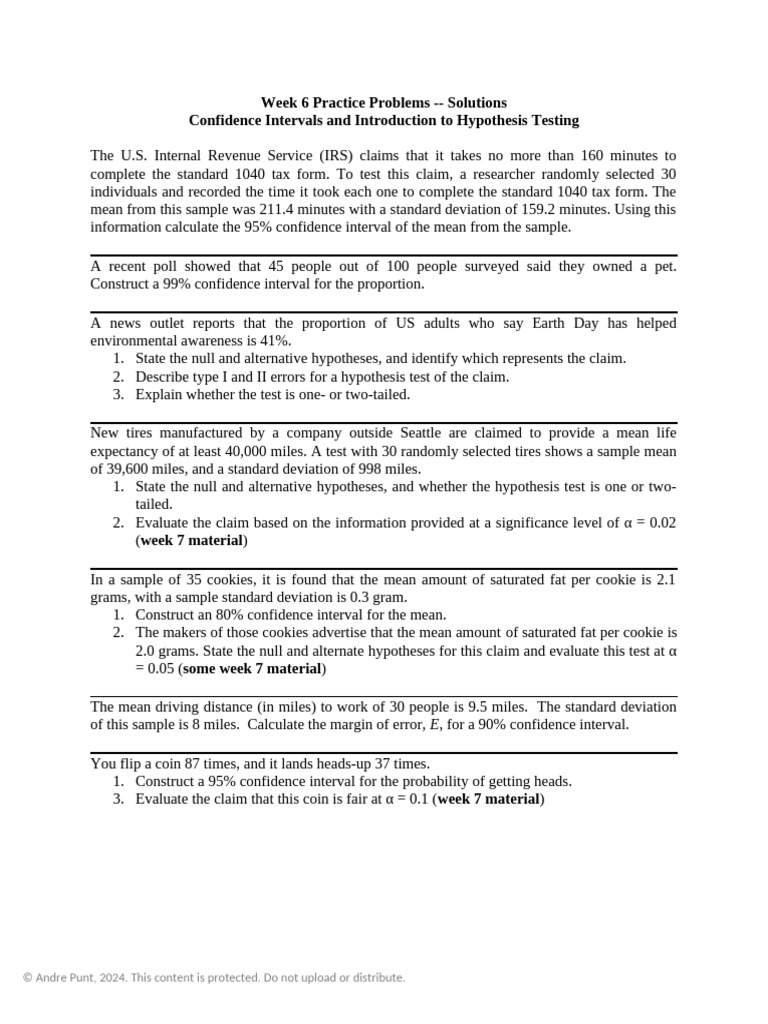 Week 6 Practice Problems | PDF | Statistical Hypothesis Testing | Null ...