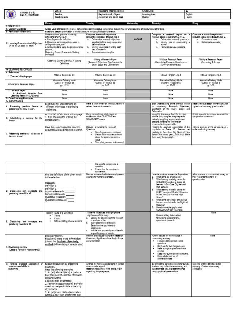 w9- english 10 | PDF | Learning | Questionnaire