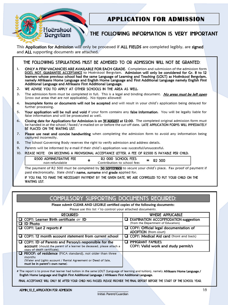 Bergvlam Admission Application 2026 | PDF | Learning