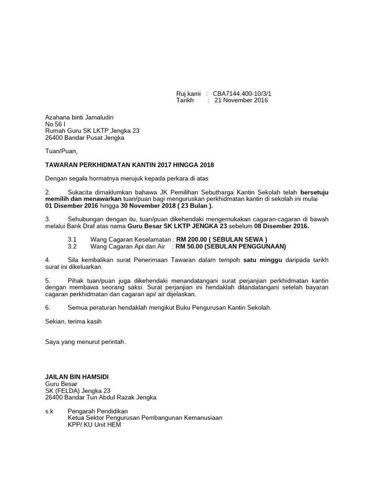 Surat Tawaran Tender Kantin | PDF