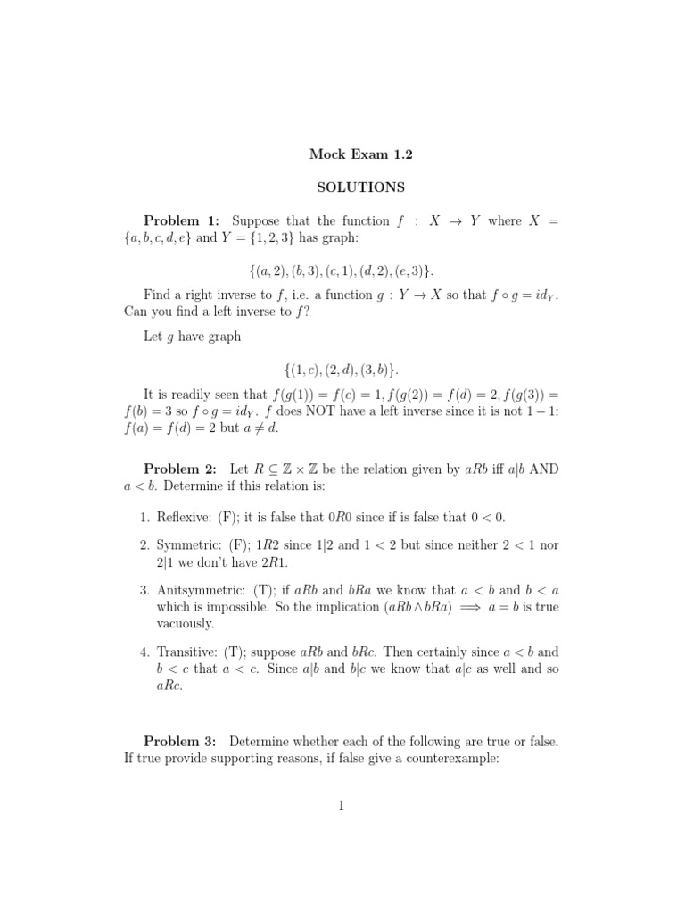 Math330Su22MockExam1 2SOLUTIONS | PDF | Mathematical Relations
