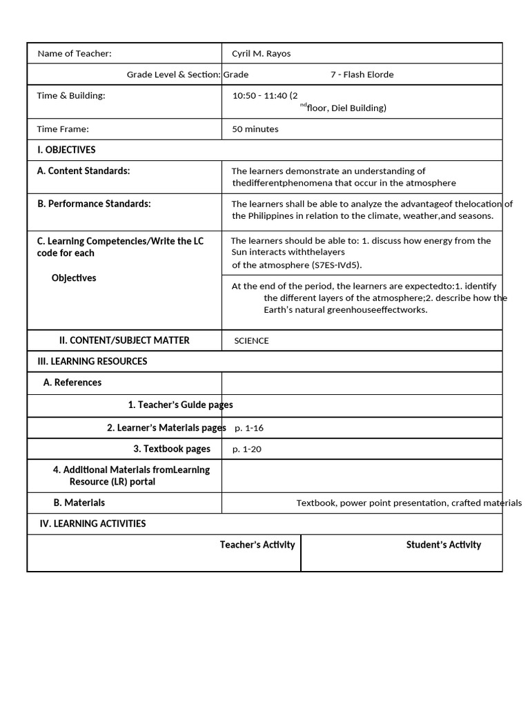 Q4 - M3 - Layers of Earth's Atmosphere - Lesson Plan | PDF | Greenhouse ...