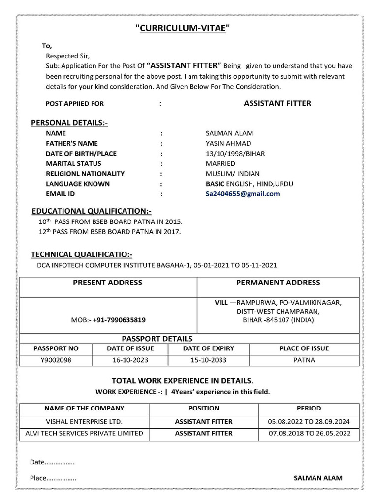 ASLAM ALAM ASSISTANT FITTER CV-pages-merged | PDF